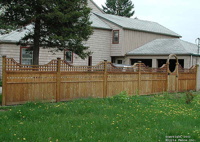 Good Neighbor Privacy Wood Fence With Scalloped Square Lattice, Gate ...